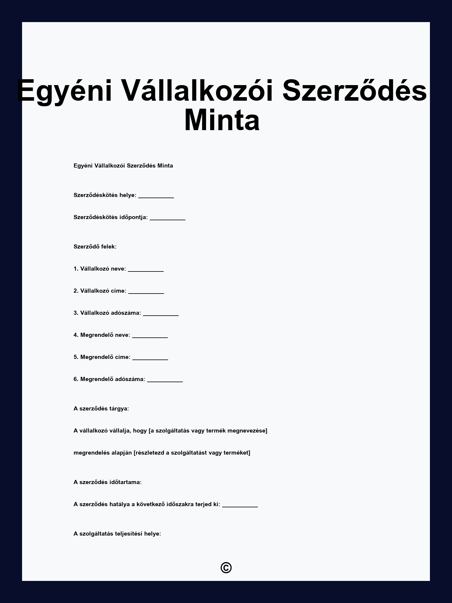 Egyéni Vállalkozói Szerződés Minta