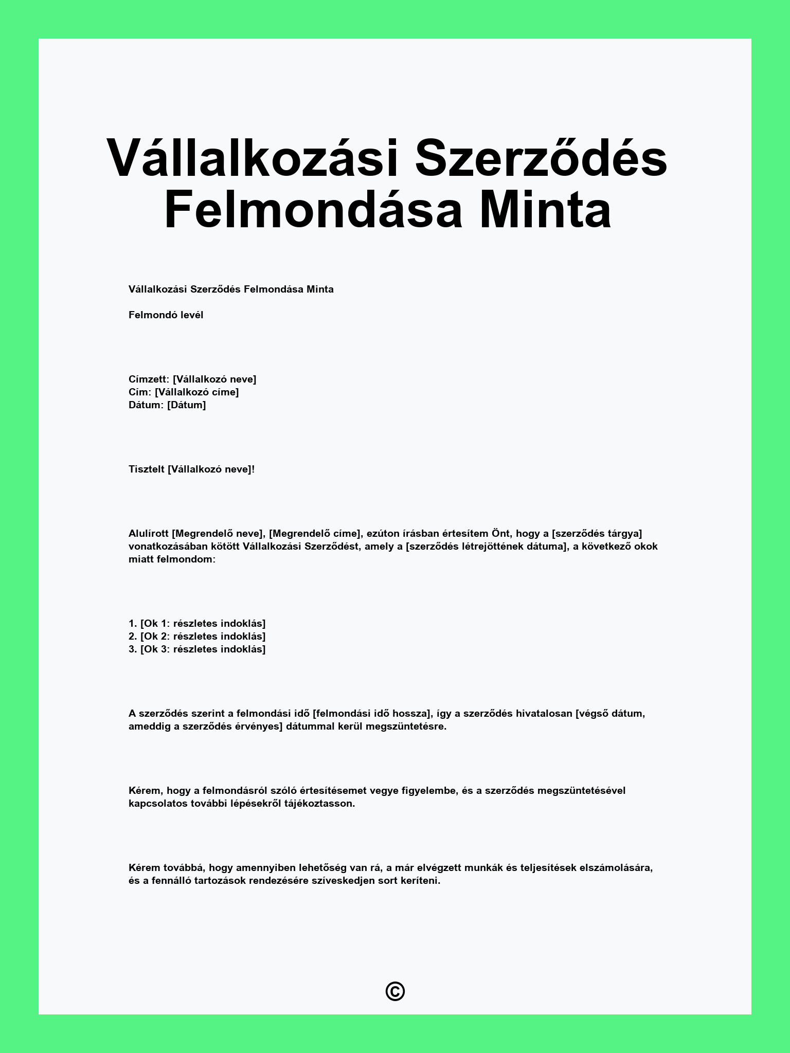 Vállalkozási Szerződés Felmondása Minta