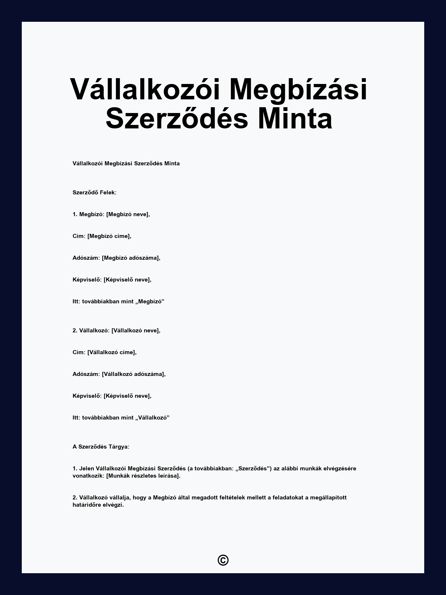 Vállalkozói Megbízási Szerződés Minta